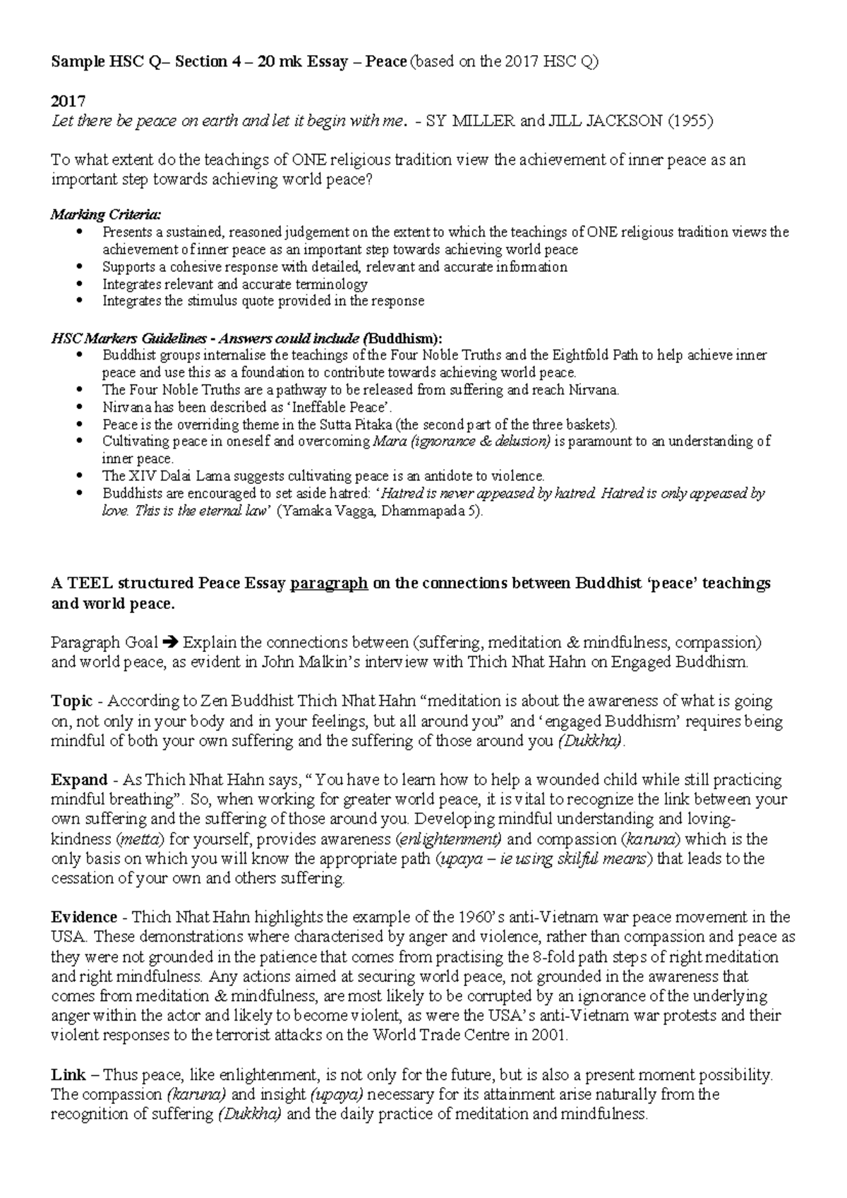 Sample HSC 20 mk Essay: Buddhism and Inner Peace for World Peace - Studocu