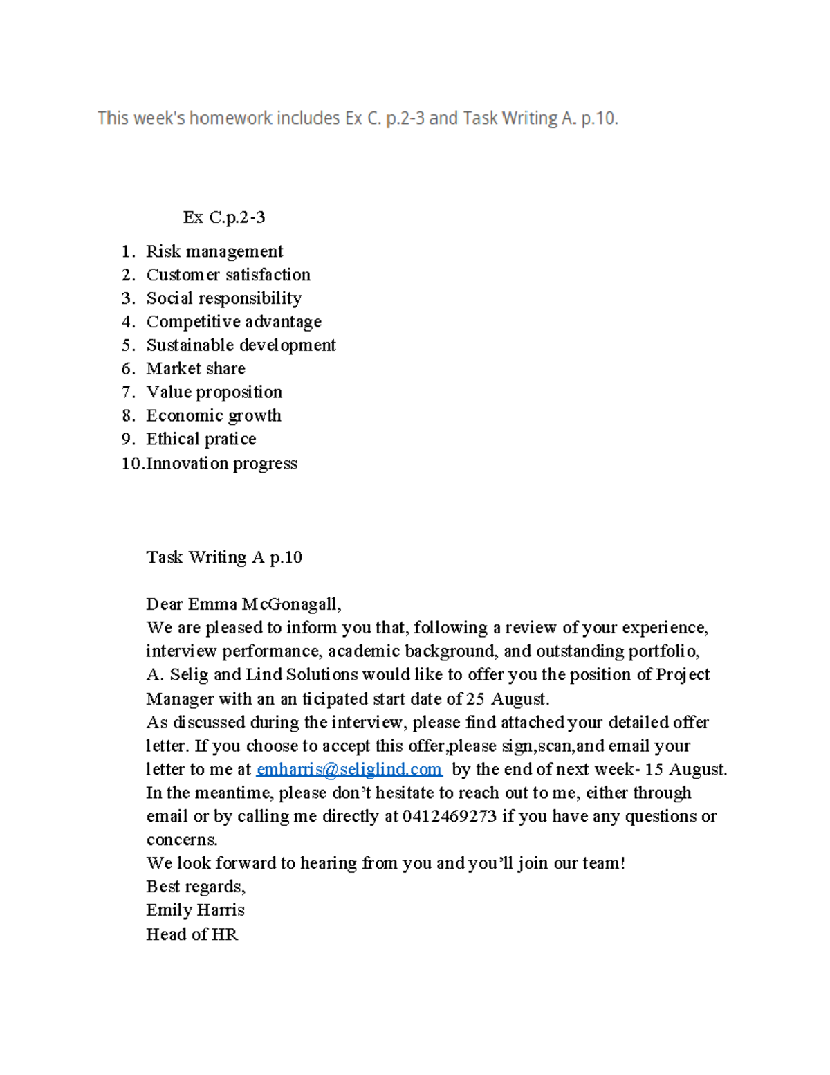 Homework COB1: Project Manager Offer Letter and Key Concepts - Studocu
