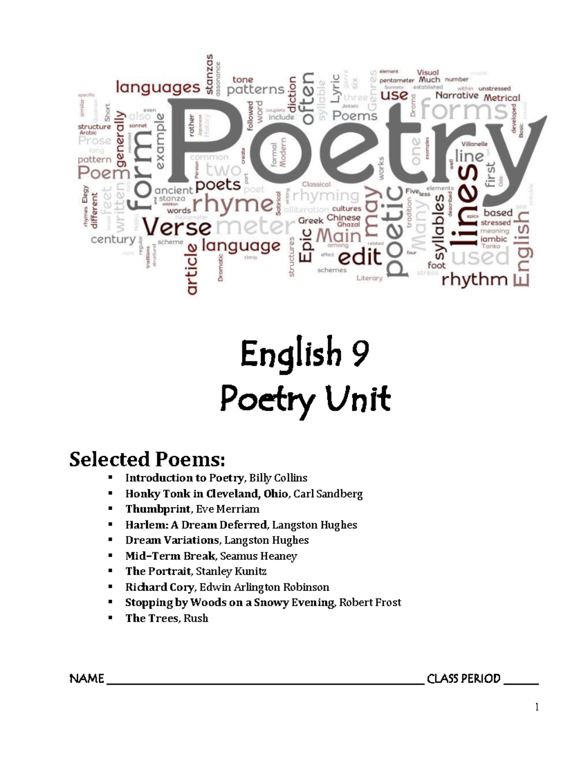 English 9 Poetry Packet: Analysis of Classic Poems and Techniques - Studocu