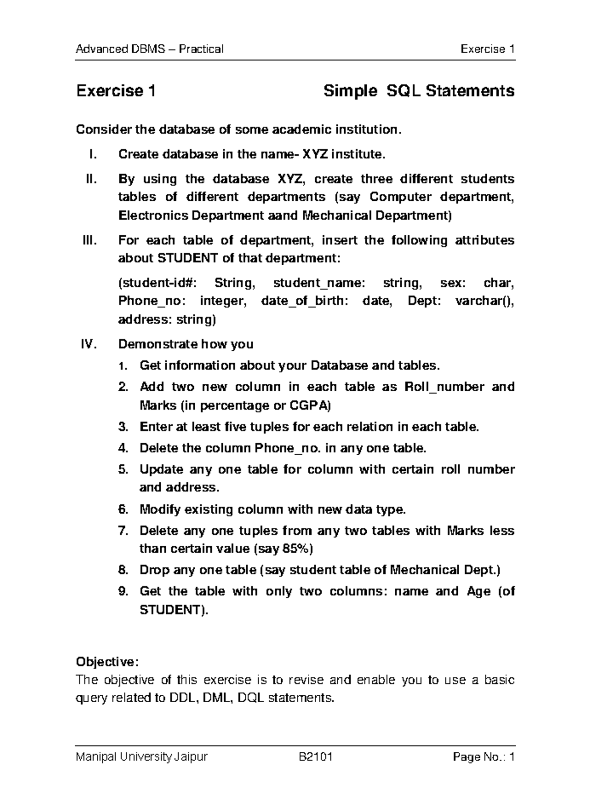 Advanced DBMS - Practical Exercise 1 (B2101) - SQL Statements - Studocu