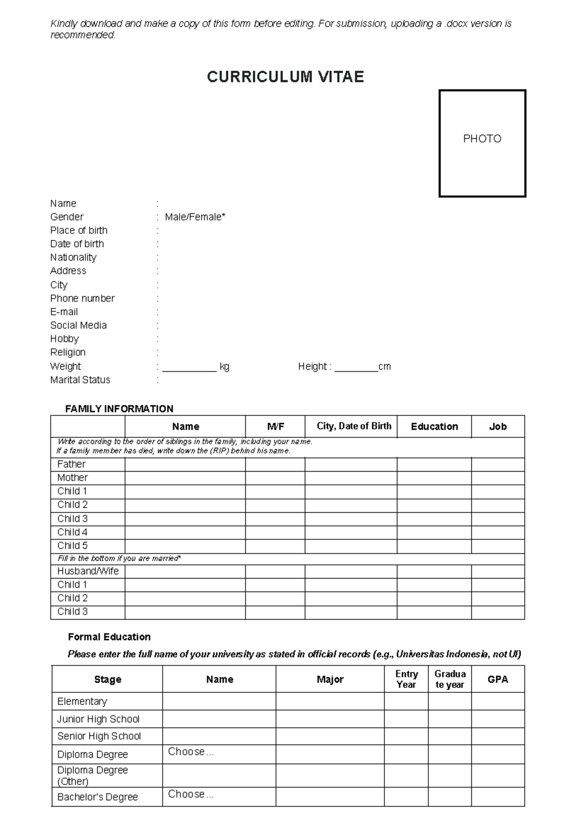 CV Form for Paragon Corp 5 - Information Submission - Studocu