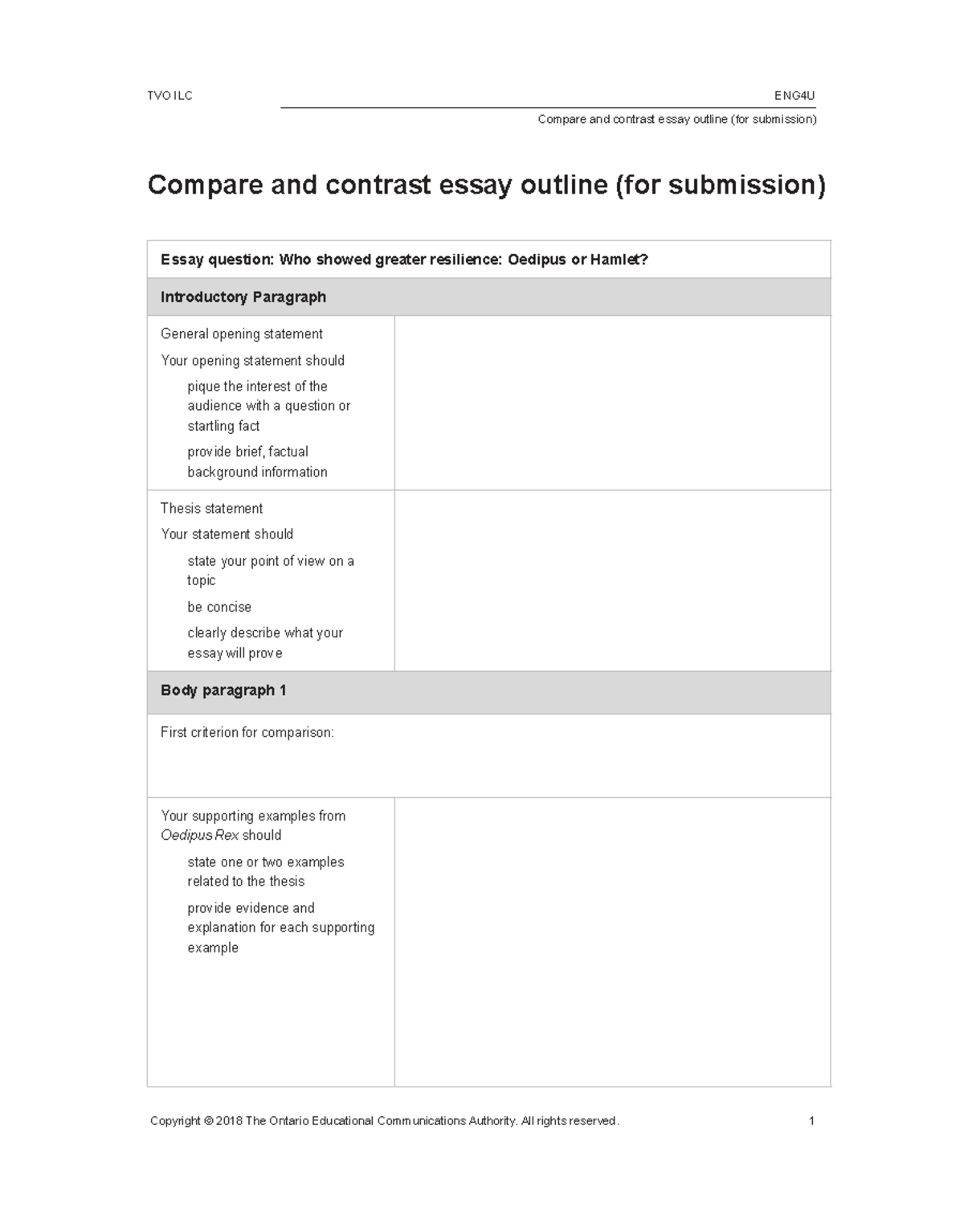TVO ILC ENG4U Compare and Contrast Essay Outline: Oedipus vs. Hamlet ...
