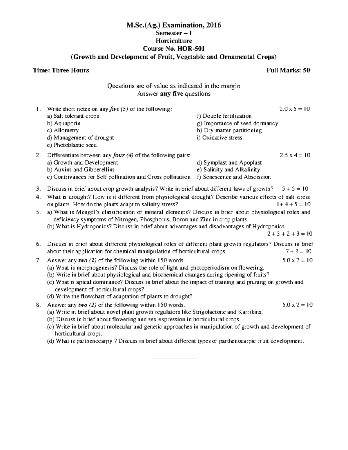 M.Sc.(Ag.) Horticulture Sem-I Exam Questions for Course HOR-501 - Studocu