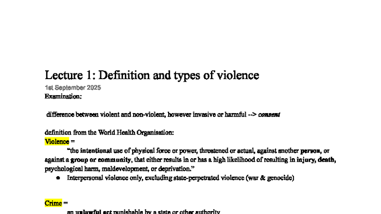 Lecture 1: Understanding Violence - Definitions & Classifications ...