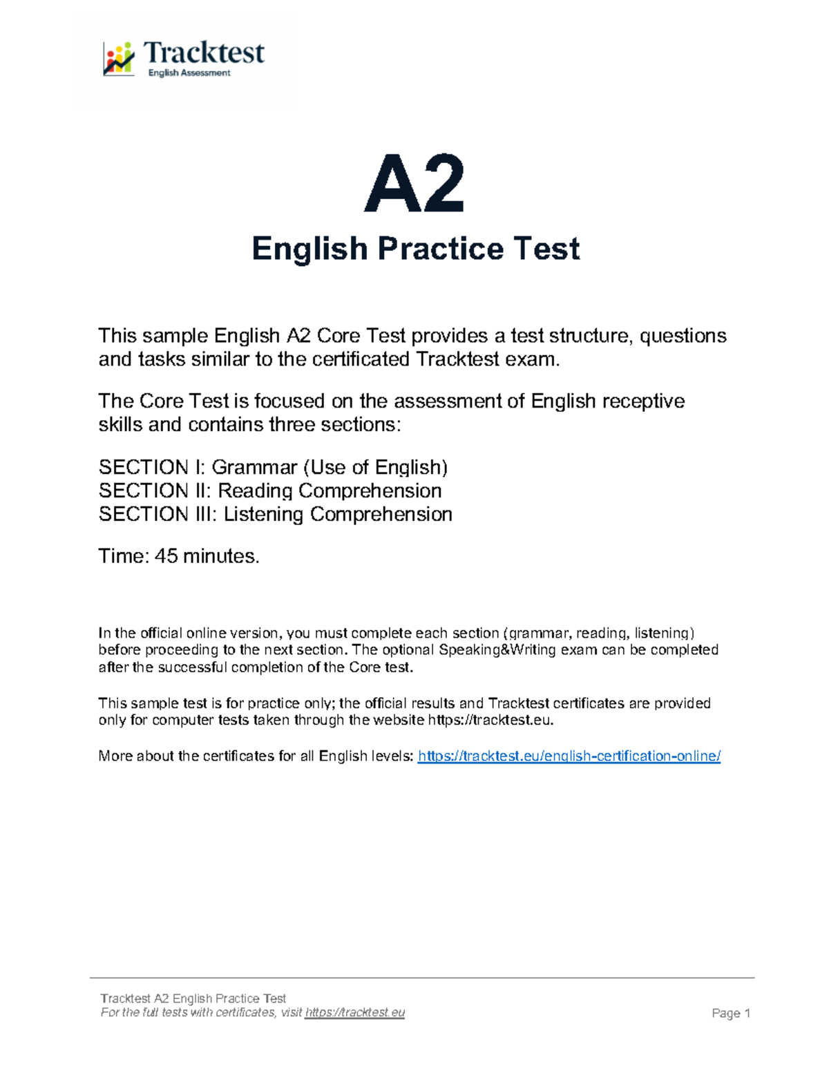 Tracktest A2 English Practice Test with Answers and Explanations - Studocu