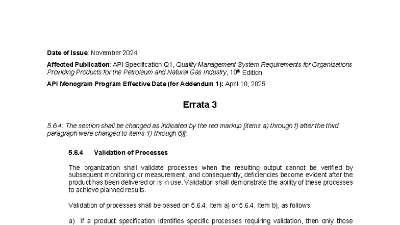 API Spec Q1 10th Ed Errata 3: Validation of Processes Update - Studocu