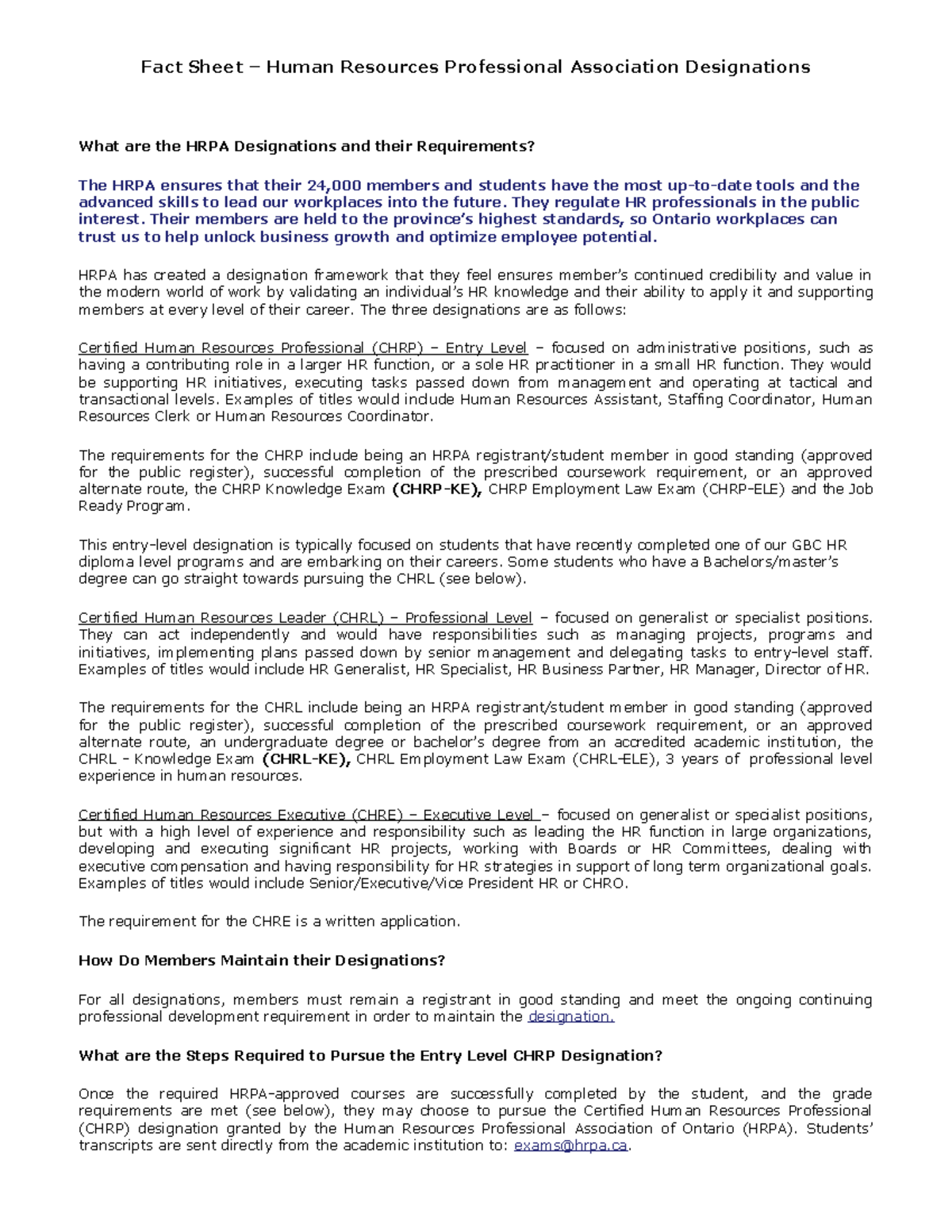 HRPA Designations Fact Sheet 2025-26: CHRP, CHRL, CHRE Requirements ...