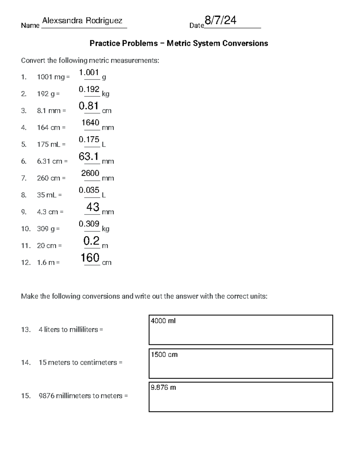Metric System Conversion Practice Problems 2023 - Studocu