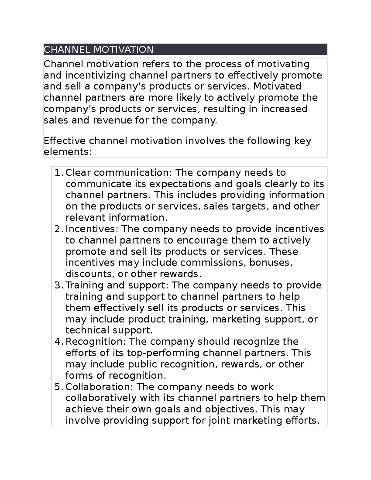 Marketing and growth - CHANNEL MOTIVATION Channel motivation refers to ...