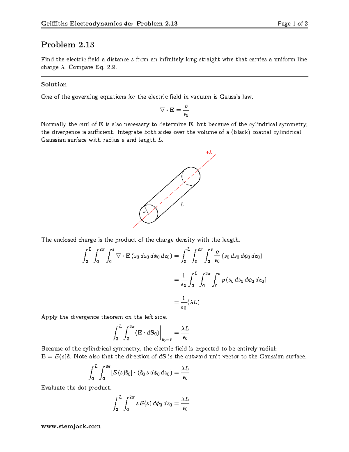 Griffiths ED 4e Problem 2.13: Electric Field from a Long Wire - Studocu