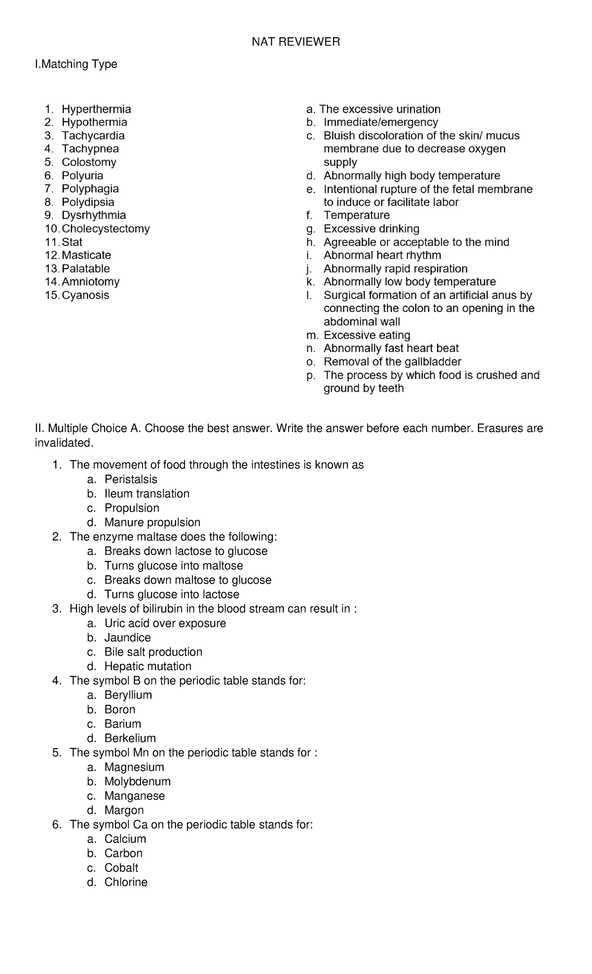 NAT- Reviewer Questionnaire - NAT REVIEWER I Type II. Multiple Choice A ...