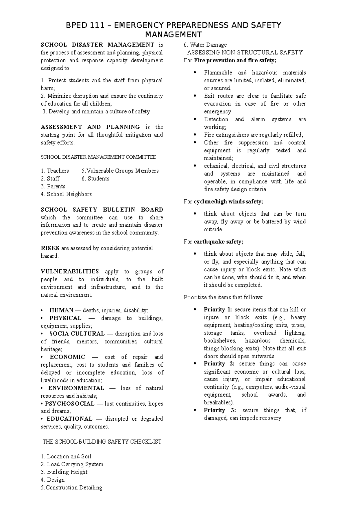 BPED-111 - Emergency Preparedness & Safety Management Guide - Studocu