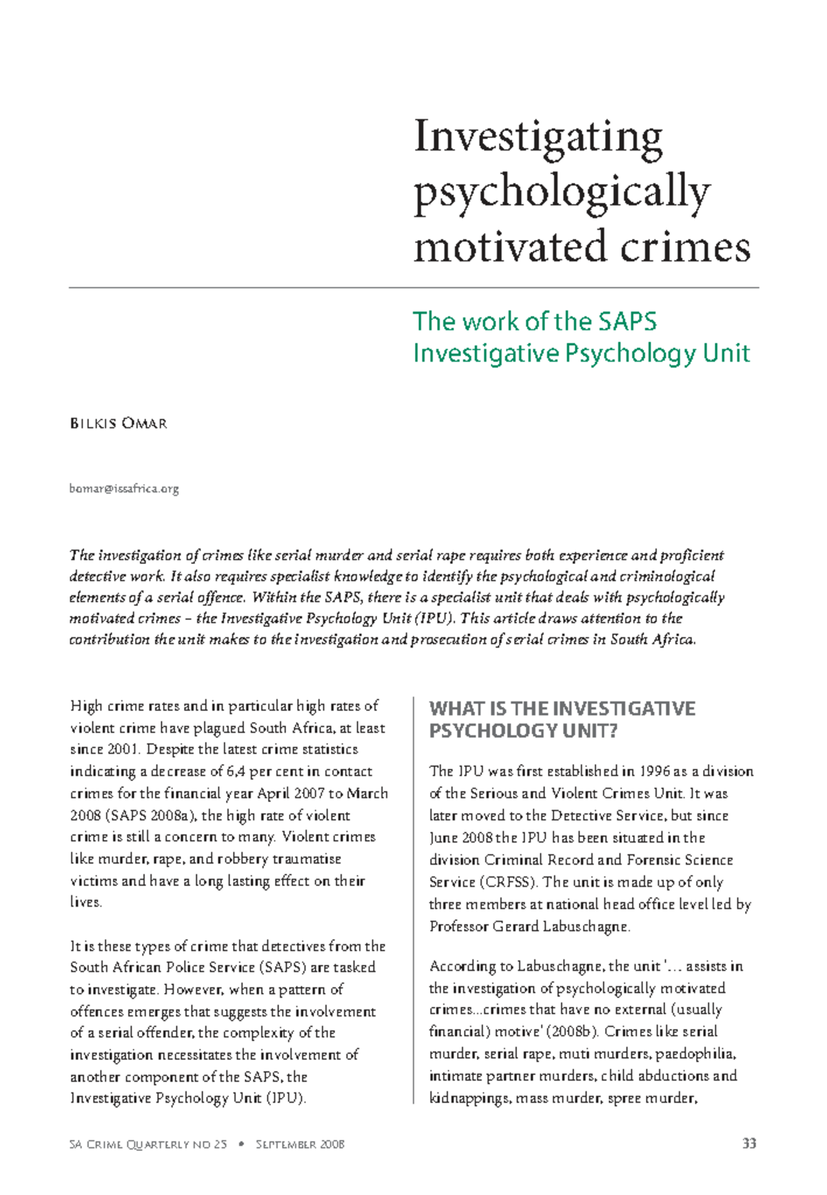 SAPS 2023: The Role of the Investigative Psychology Unit in Serial ...
