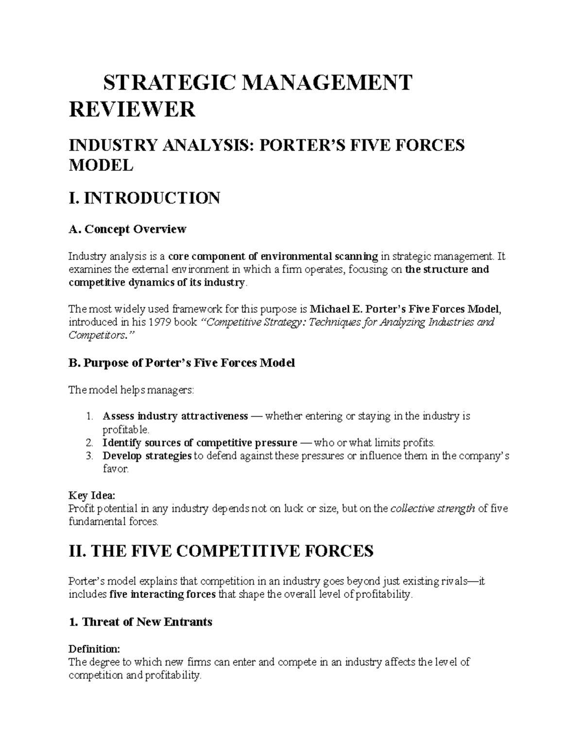 Industry Analysis Reviewer (Porter's Five Forces Model) - Studocu