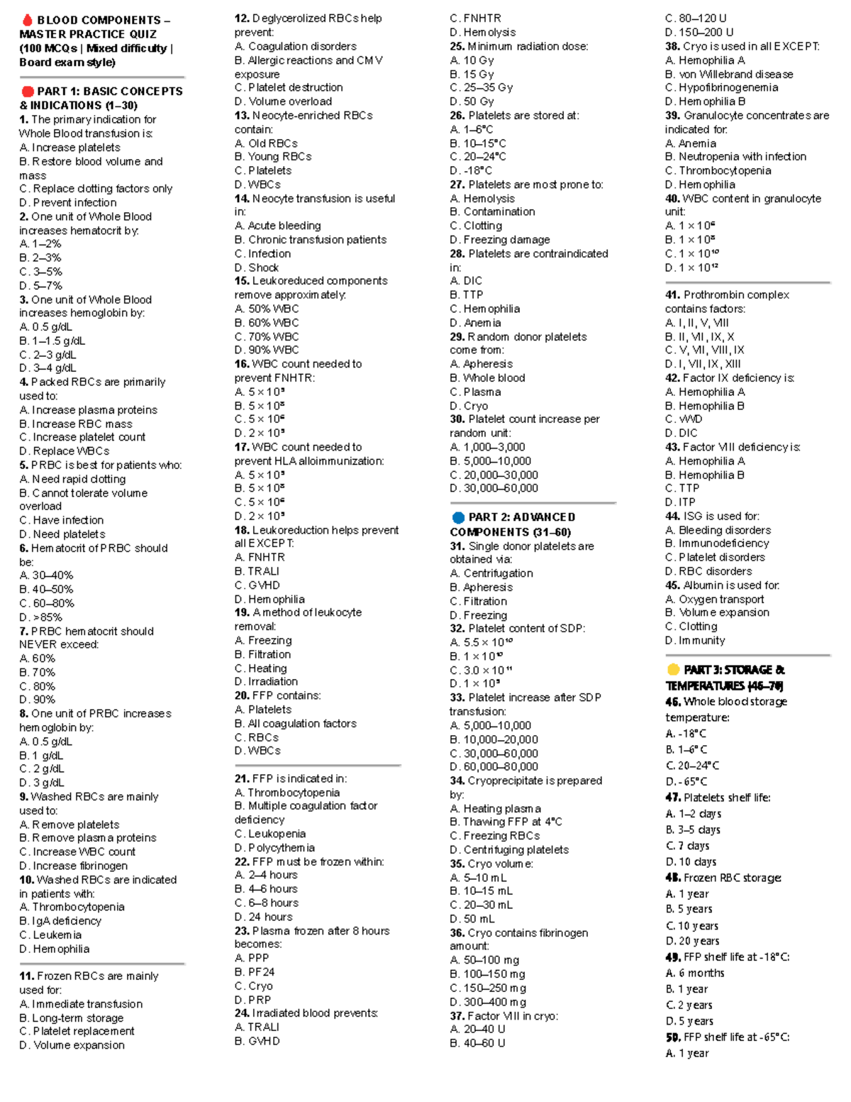 BLOOD COMPONENTS MASTER PRACTICE QUIZ (100 MCQs) PART 1: BASIC CONCEPTS ...