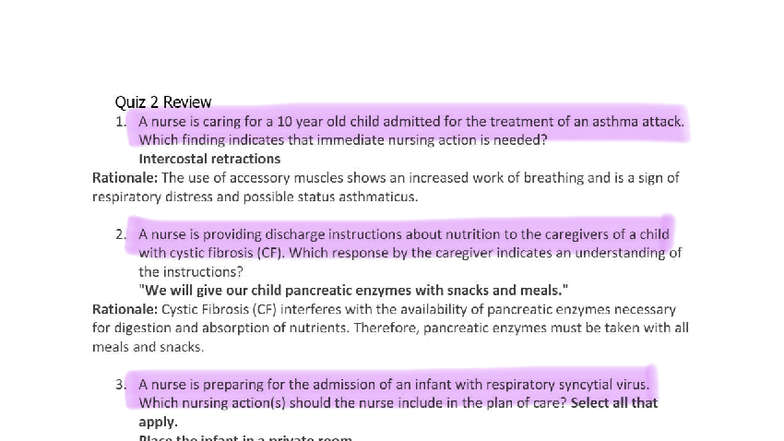 Peds Quiz 2 - practice for quiz - Intercostal retractions Rationale ...