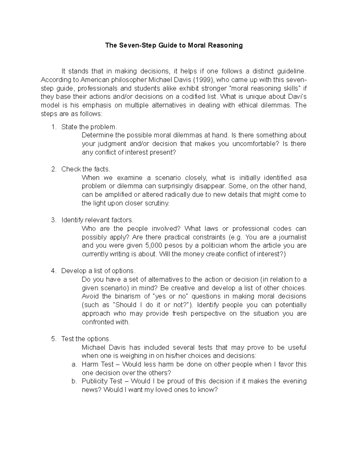 Moral Reasoning: A 7-Step Guide to Ethical Decision-Making - Studocu