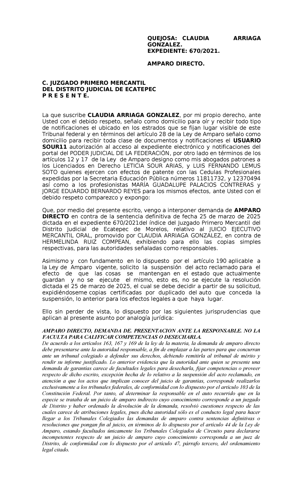 Amparo Directo Claudia expediente 670-2021 - QUEJOSA: CLAUDIA ARRIAGA ...