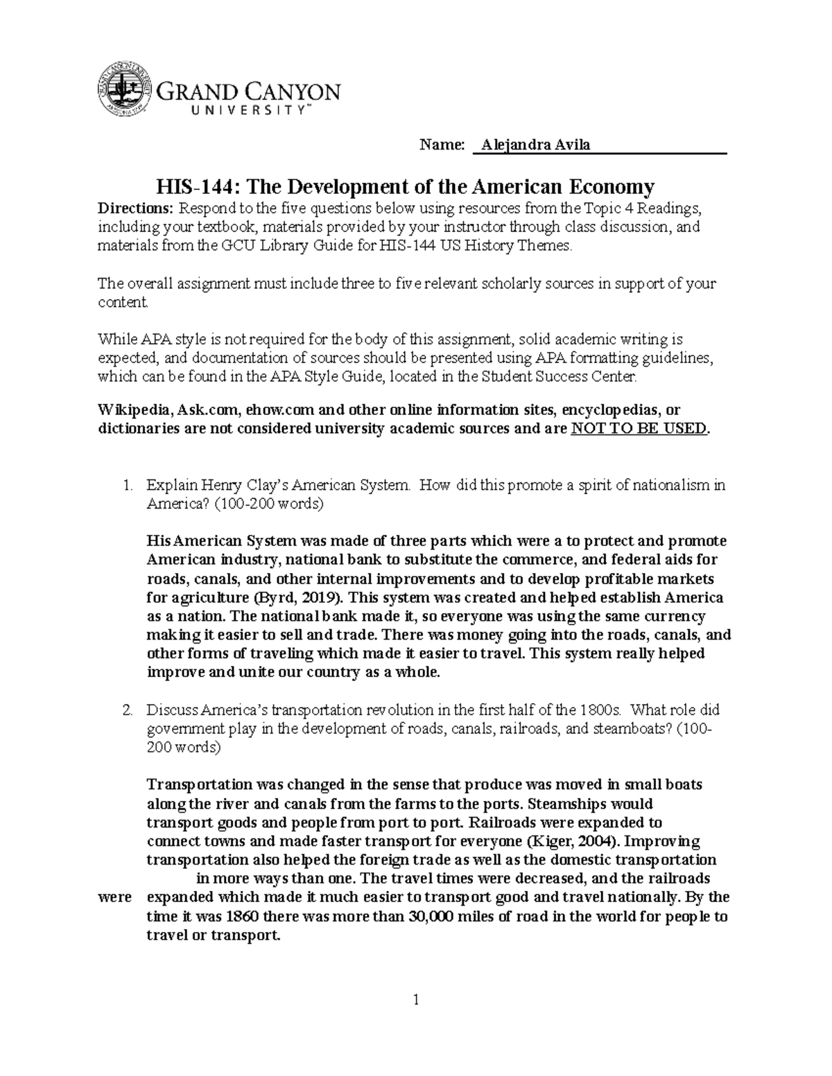 Development of the American Economy Worksheet - Name: Alejandra Avila ...