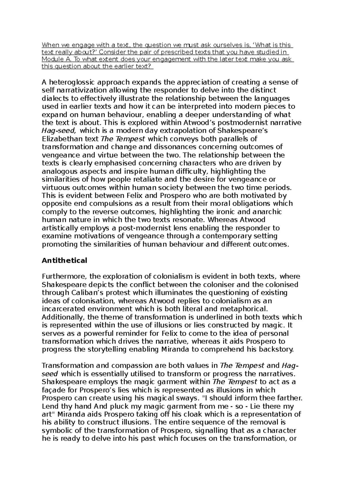 Tempest & Hag-seed Practice Essay Review 2023 HSC Analysis - Studocu