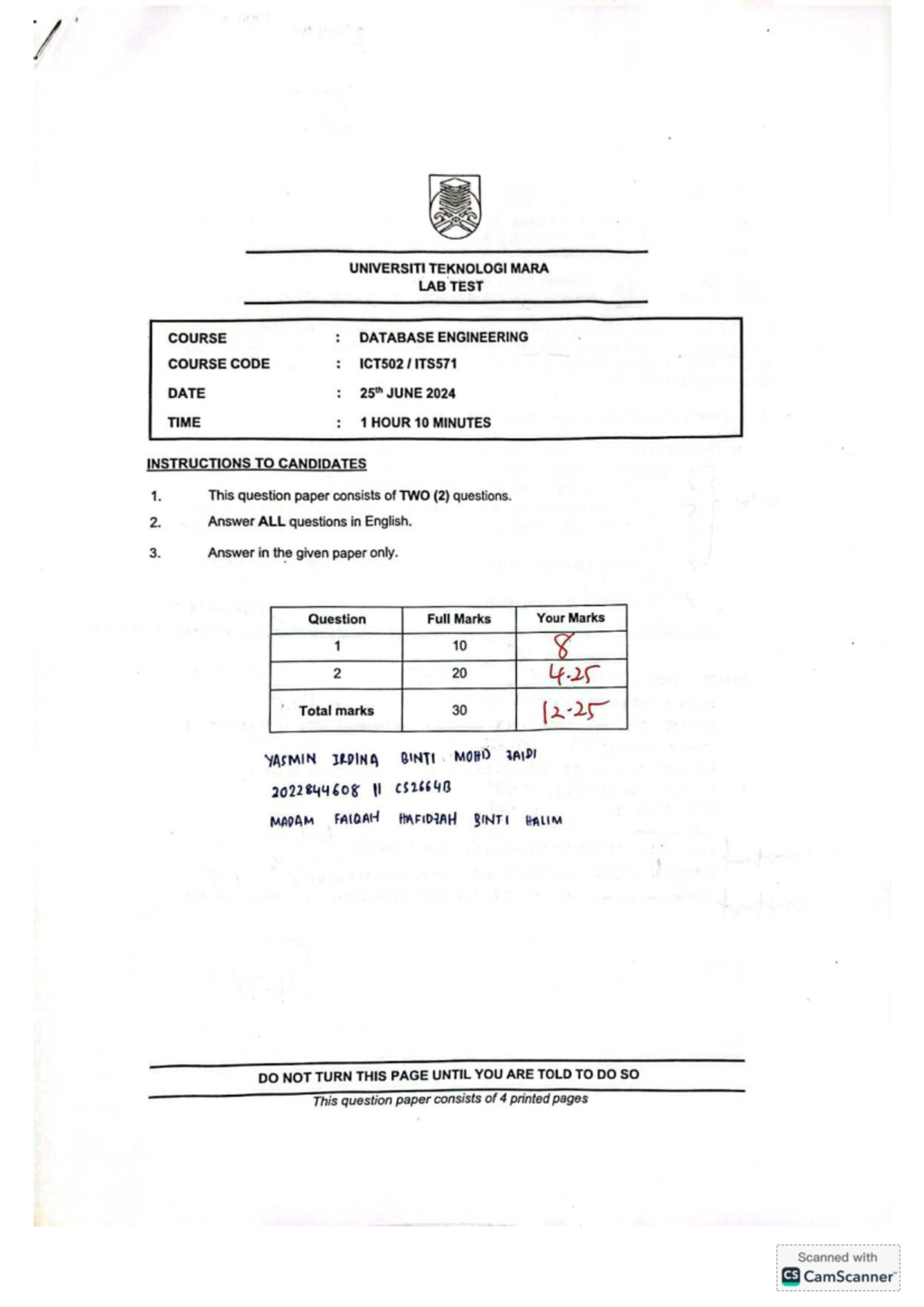 Lab Test ICT502: Database Engineering - June 2024 Exam Paper - Studocu