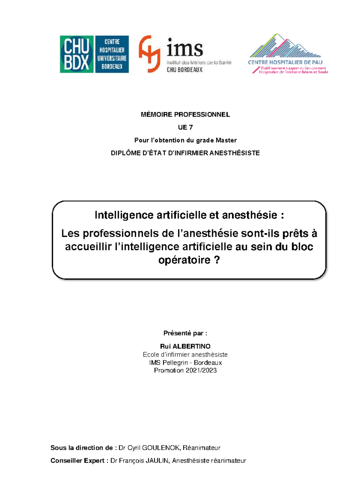 Intelligence Artificielle et Anesthésie : Mémoire Professionnel UE 7 ...
