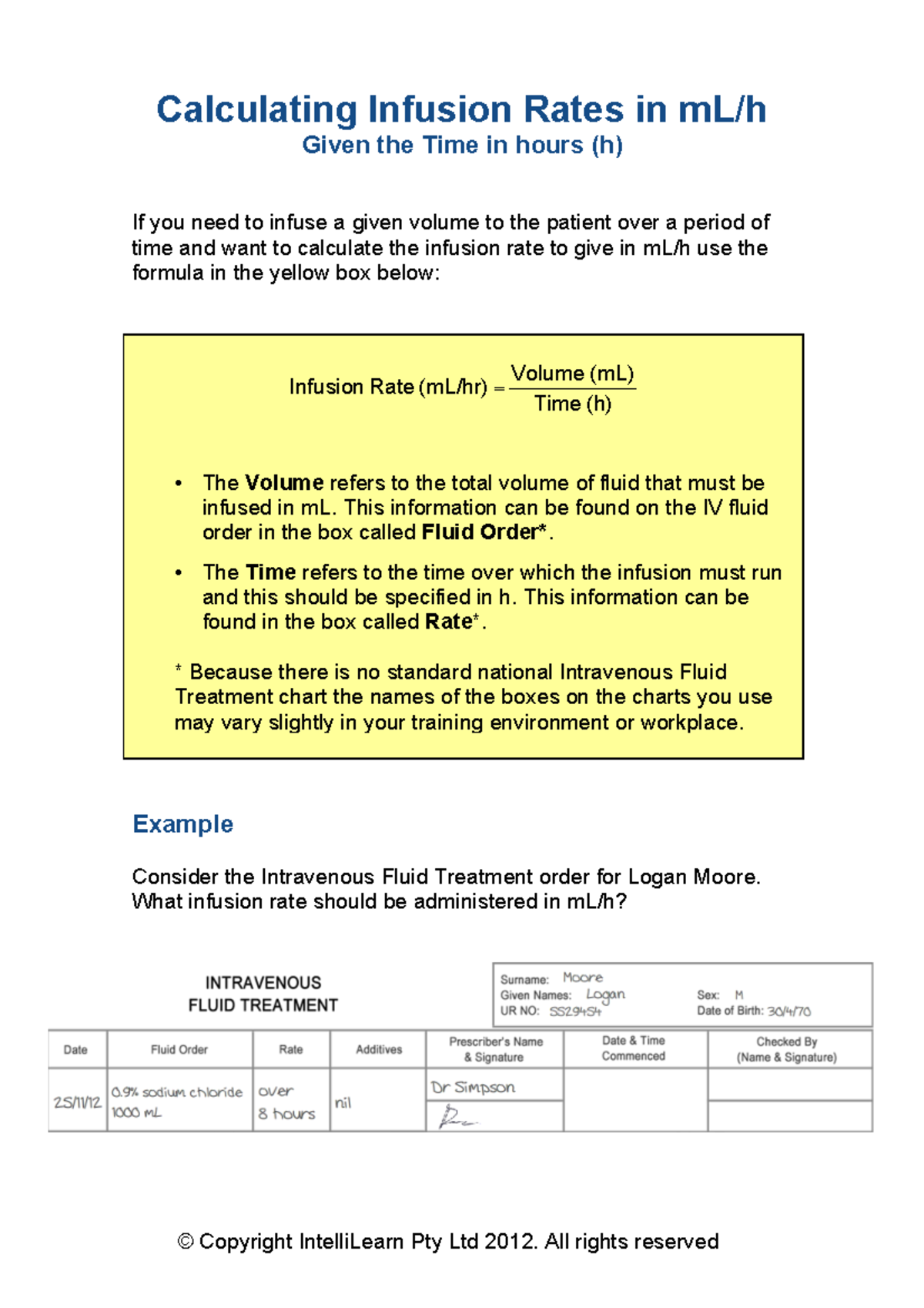 Infusion Rates m L/h - time in h - Calculating Infusion Rates in mL/h ...