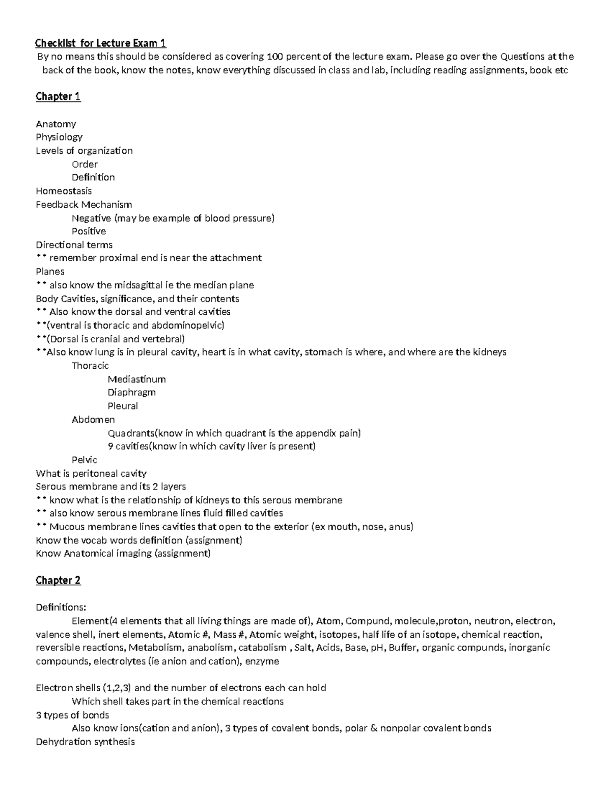 AP 2301 Lecture Exam 1 Study Checklist and Key Concepts - Studocu
