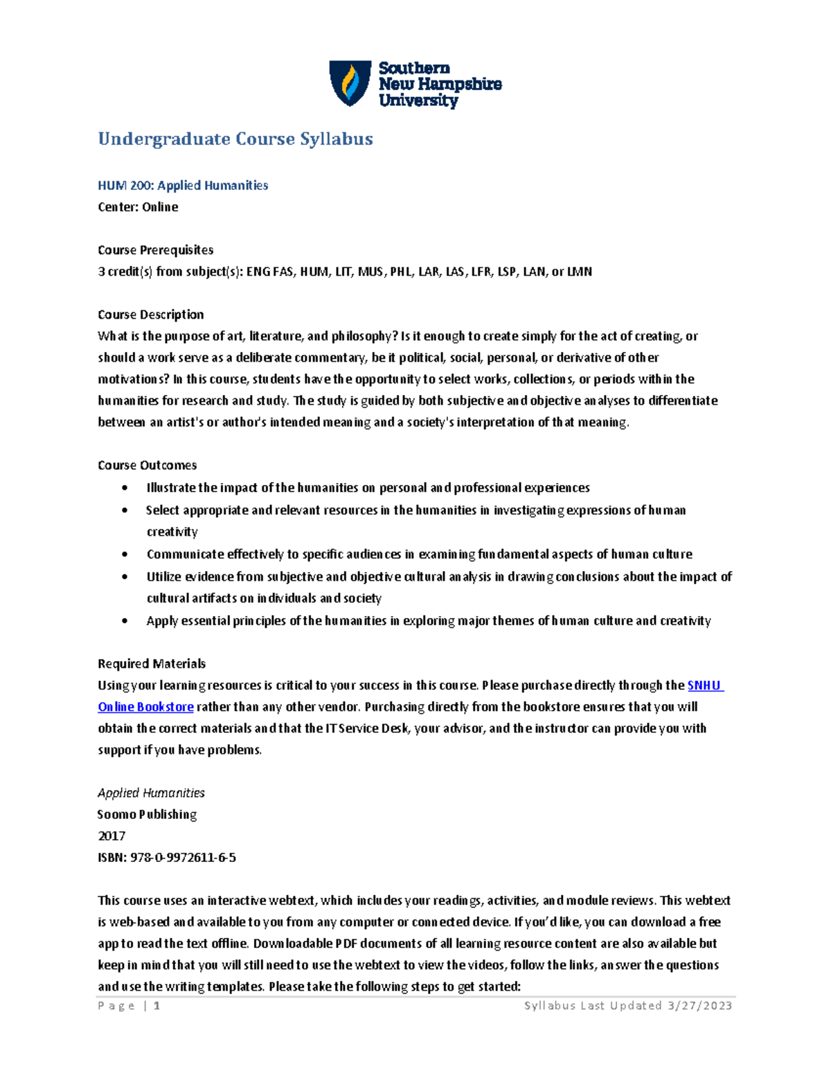 HUM 200 Syllabus - Undergraduate Course Syllabus HUM 200: Applied ...