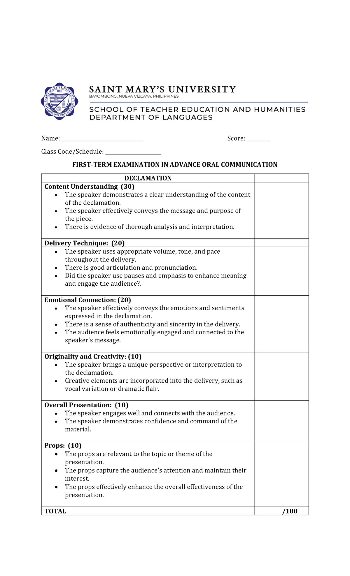 First-Term Exam Rubric: Declamation - Adv Oral Comm - ACCT - Studocu