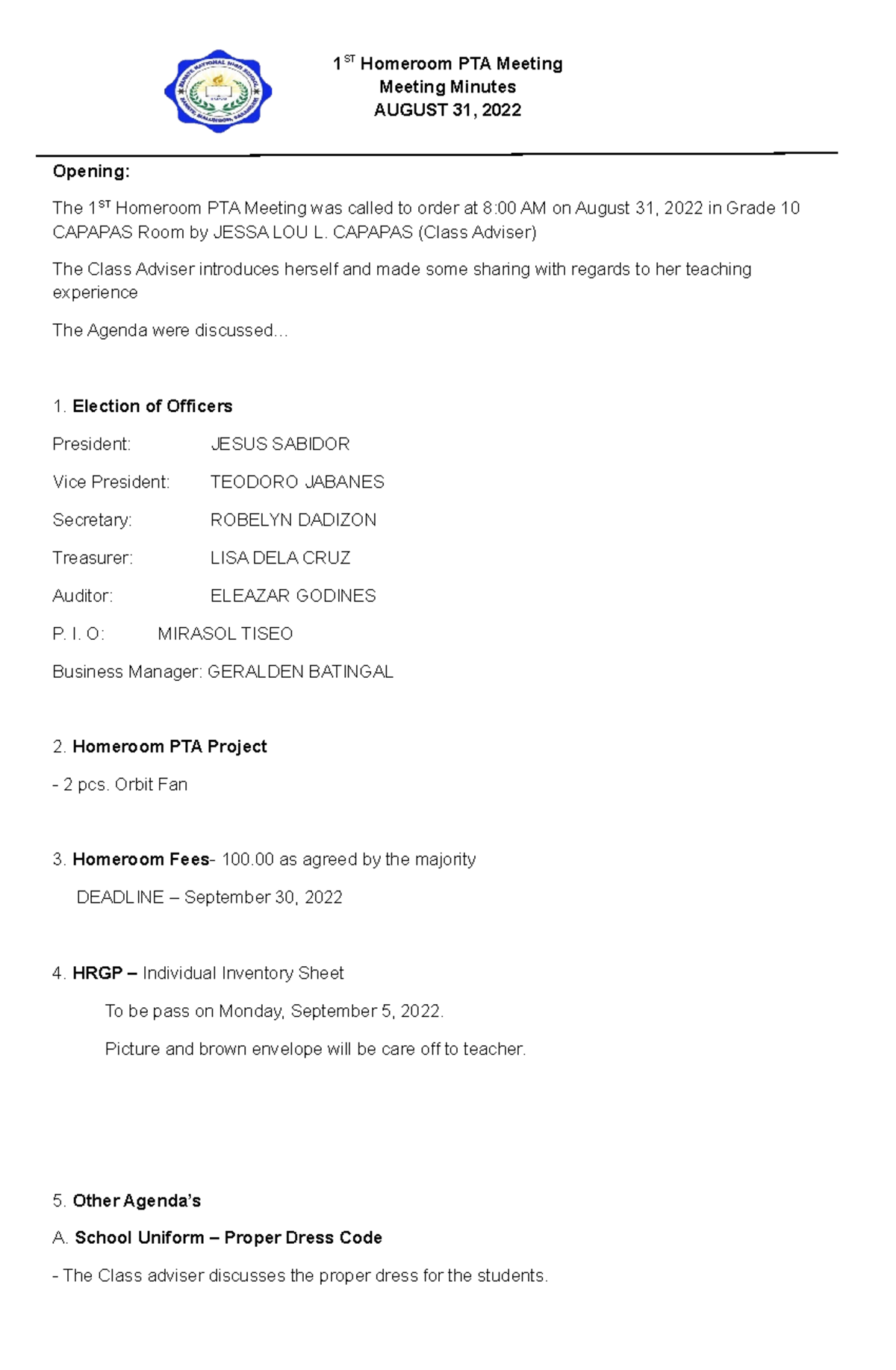 1st Grade 10 Homeroom PTA Meeting Minutes - S.Y. 2022-2023 - Studocu