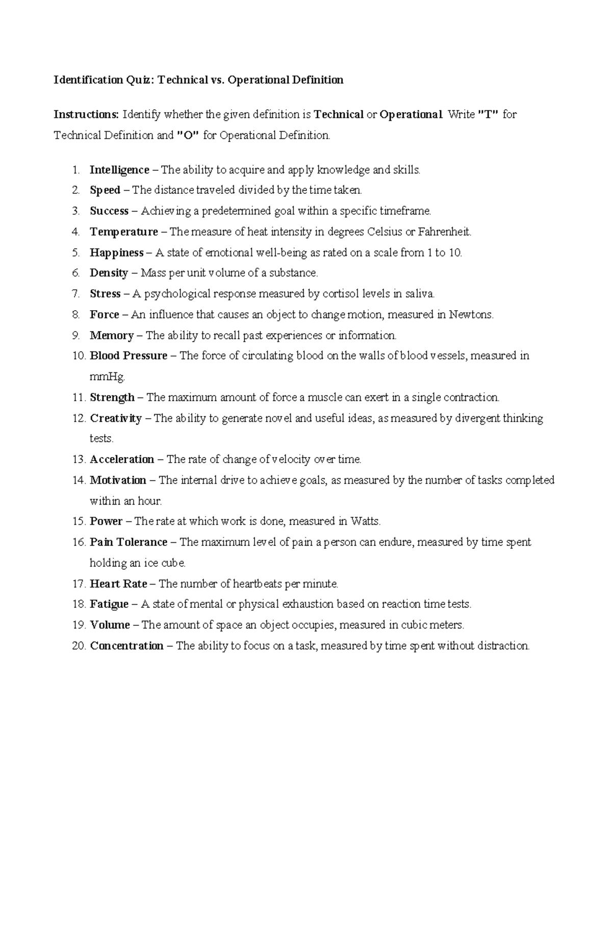 Identification Quiz: Technical vs. Operational Definitions - Studocu