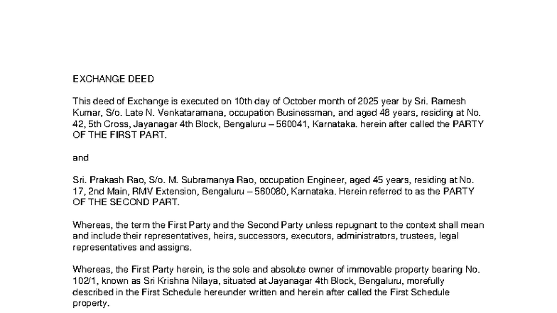 Exchange Deed Format - Property Exchange Agreement - Studocu