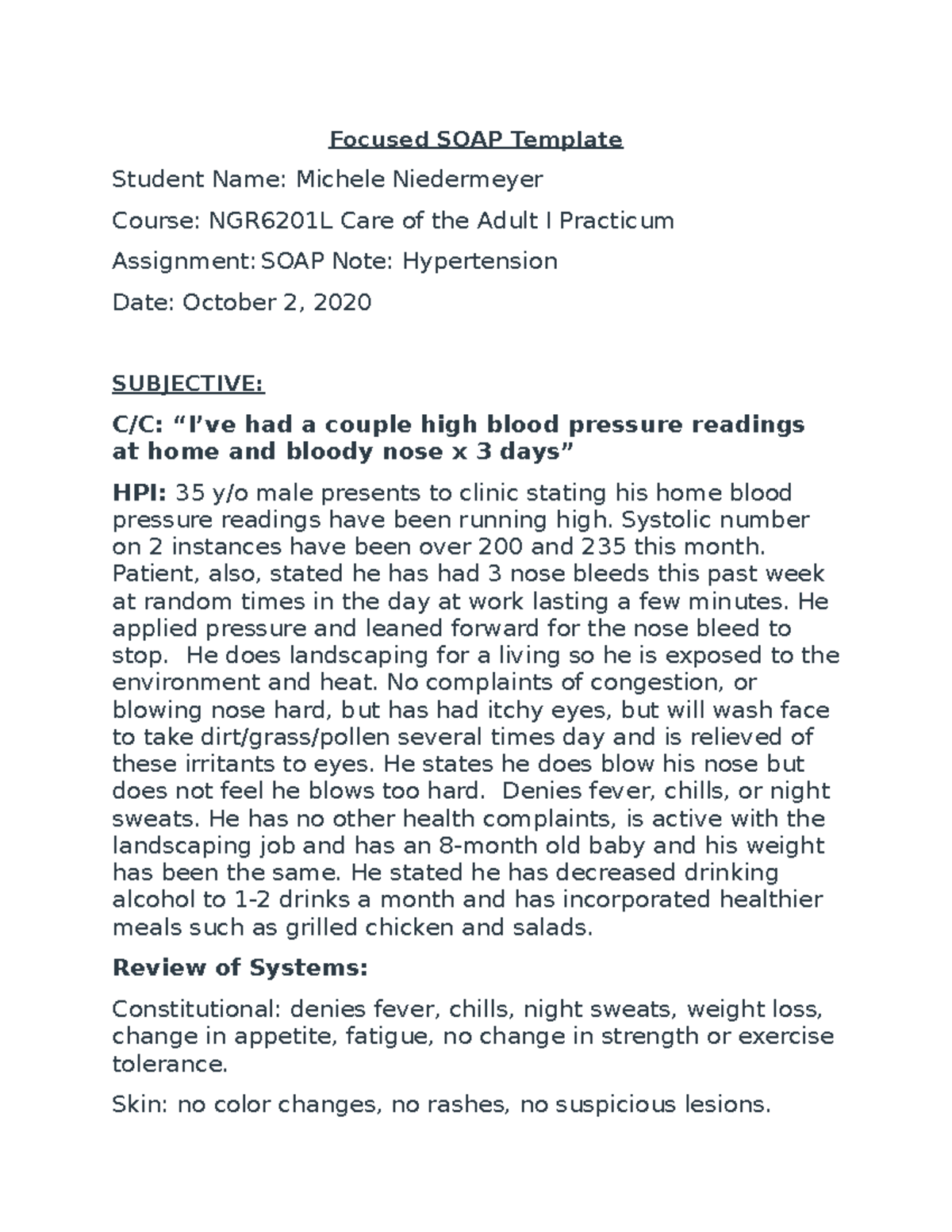 NGR6201L Focused SOAP Note: Hypertension Assessment & Management - Studocu