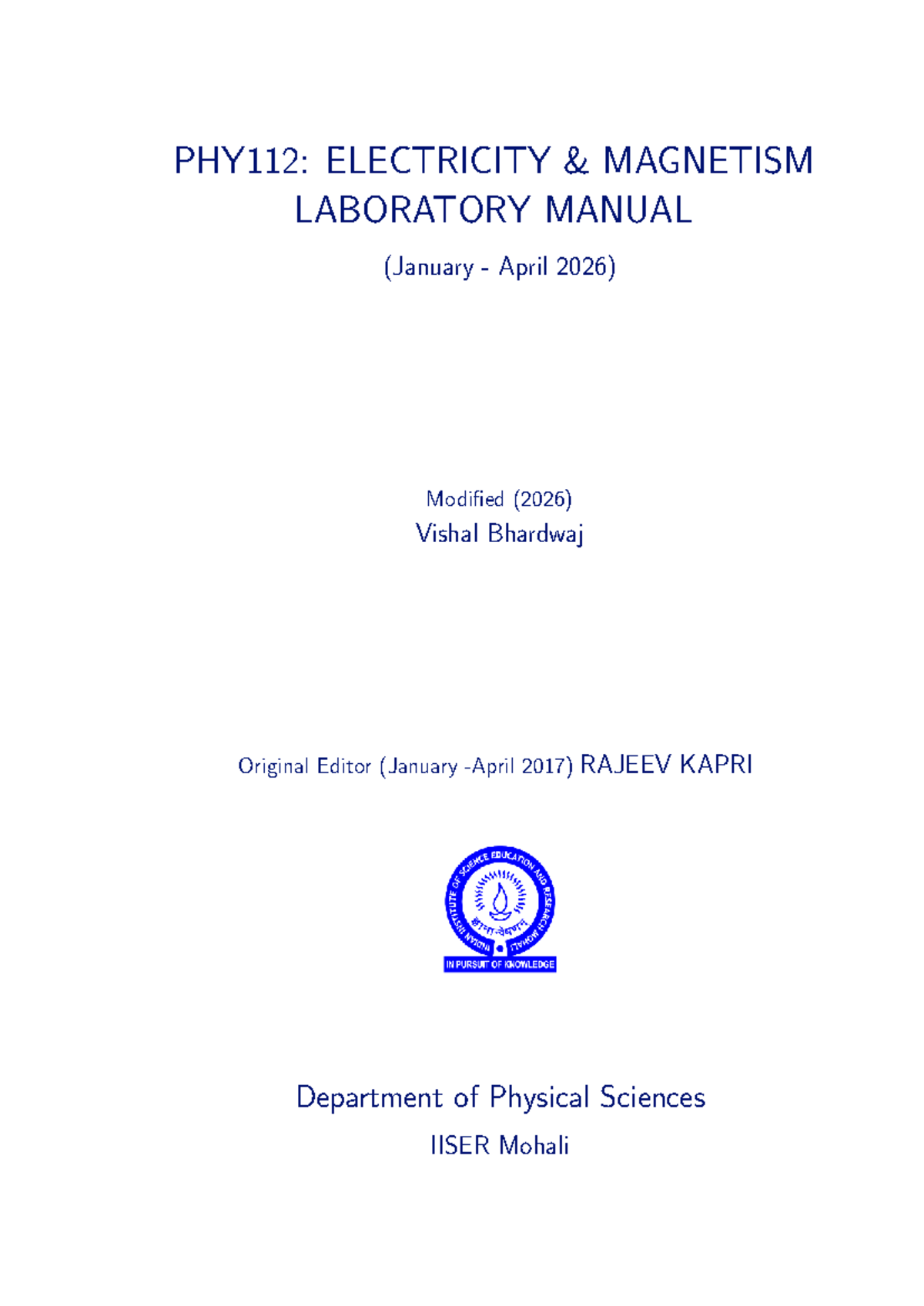 PHY112: Electricity and Magnetism Laboratory Manual (2026 Edition ...