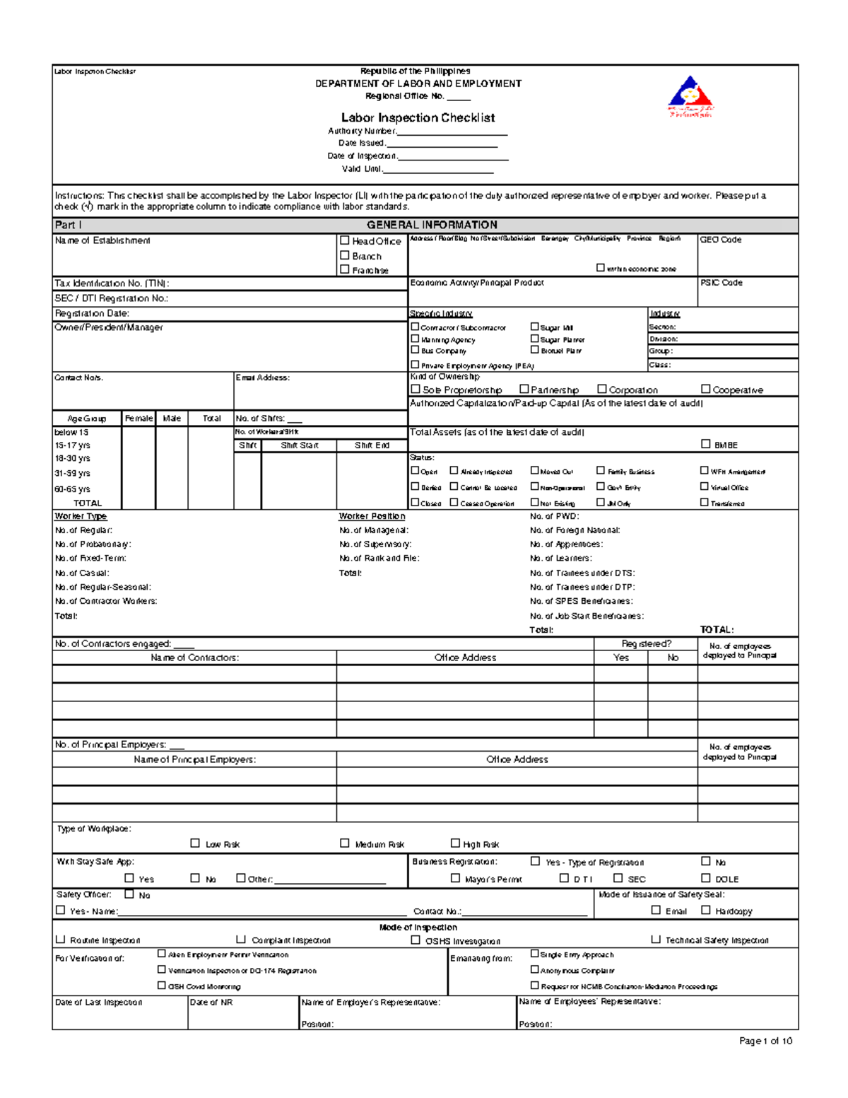 Labor Inspection Checklist - Republic of the Philippines (DOLE) - Studocu