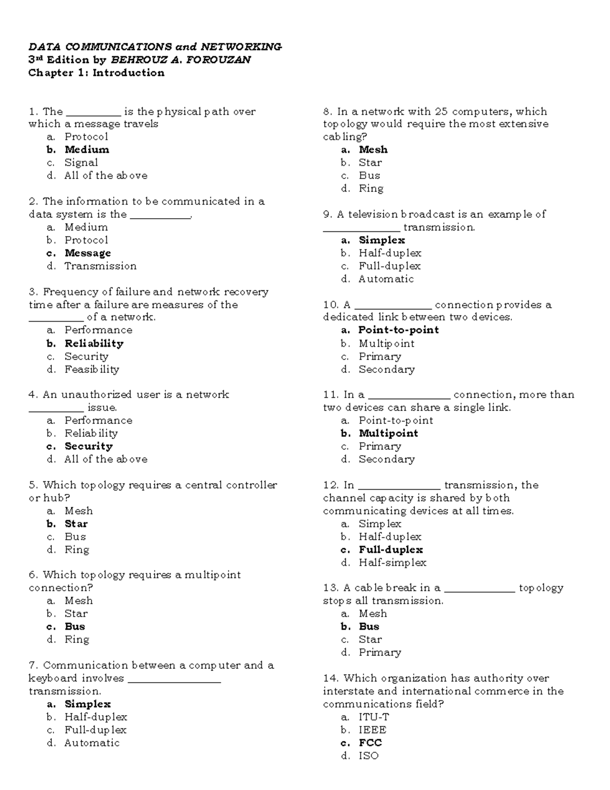 Data Communications by Foruzan - MCQ's with Answer - DATA COMMUNICATIONS and NETWORKING 3 rd ...