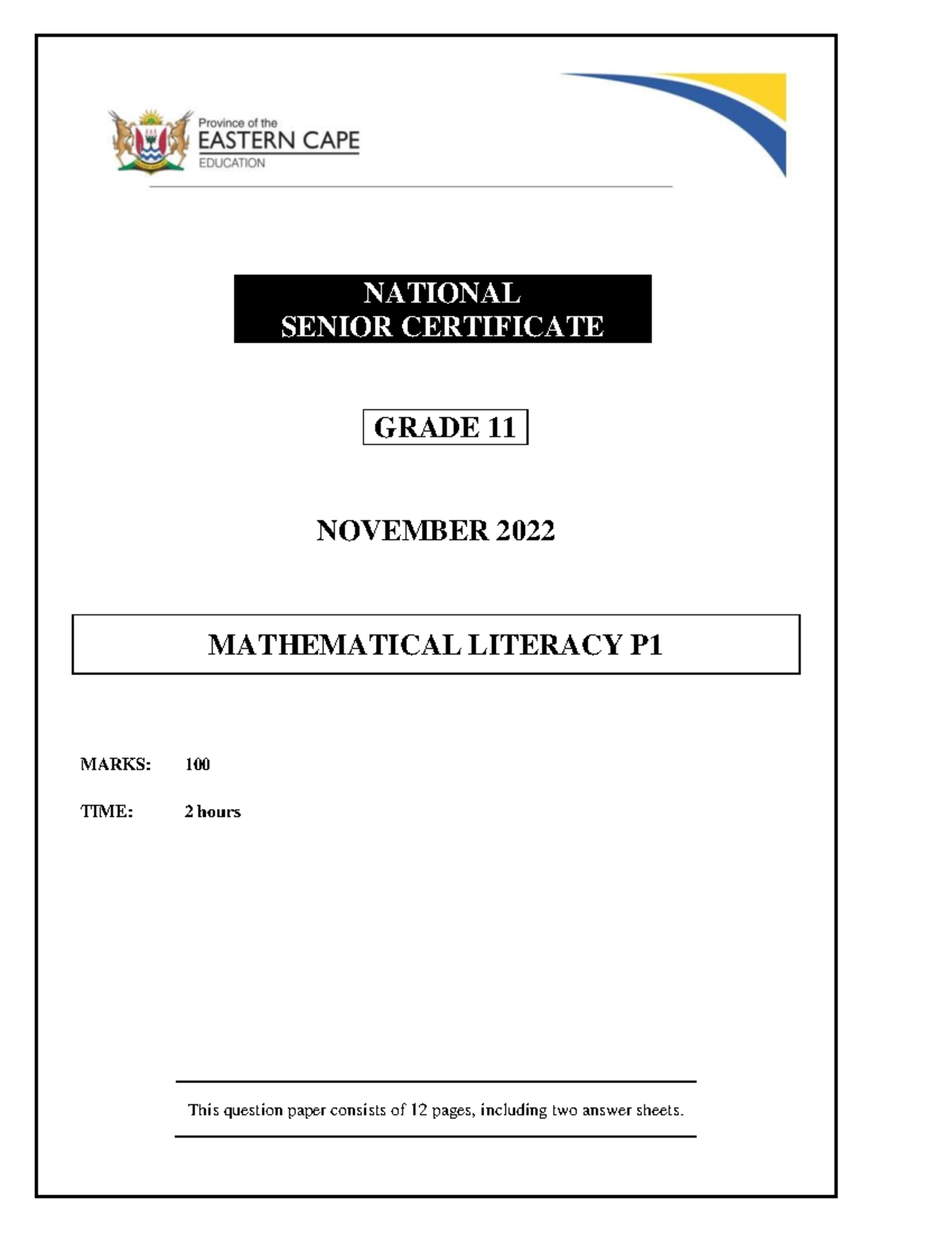 Grade 11 Mathematical Literacy P1 - November 2022 Past Papers Overview - Studocu
