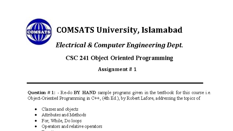 CSC241 OOP A # 1 - ewe - 1 COMSATS University, Islamabad Electrical & Computer Engineering Dept ...