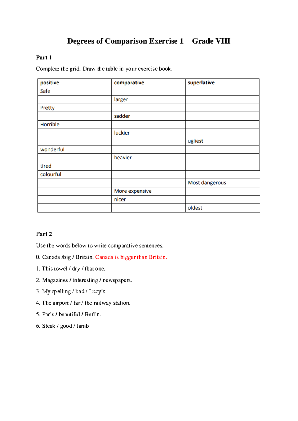 Degrees of Comparison Exercise 1: Comparative Sentences Practice - Studocu