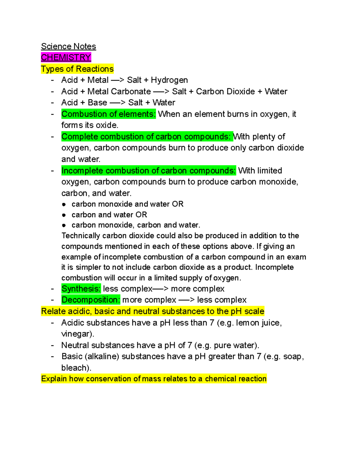 Science Notes CHEMISTRY: Types of Reactions and Key Concepts - Studocu