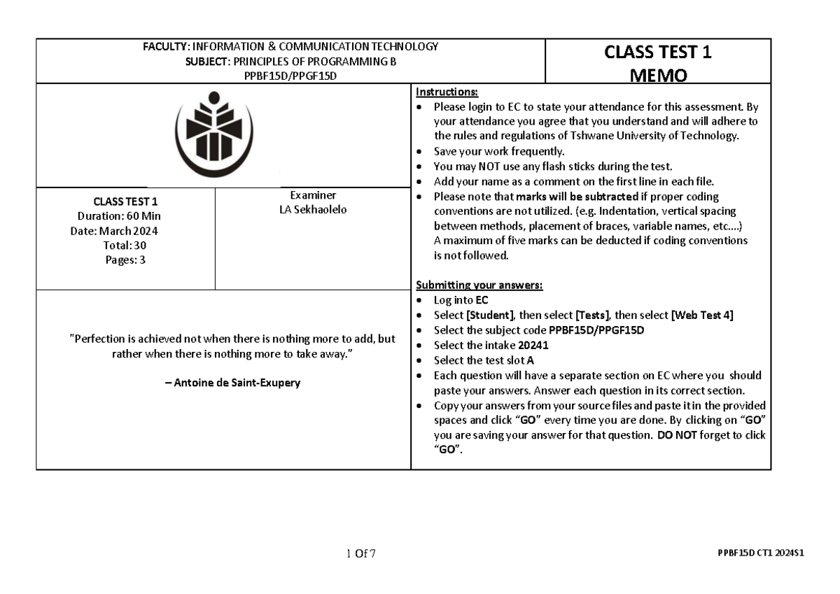 PPBF15D CT1 2024S1 Class Test 1 Memo: Principles of Programming - Studocu