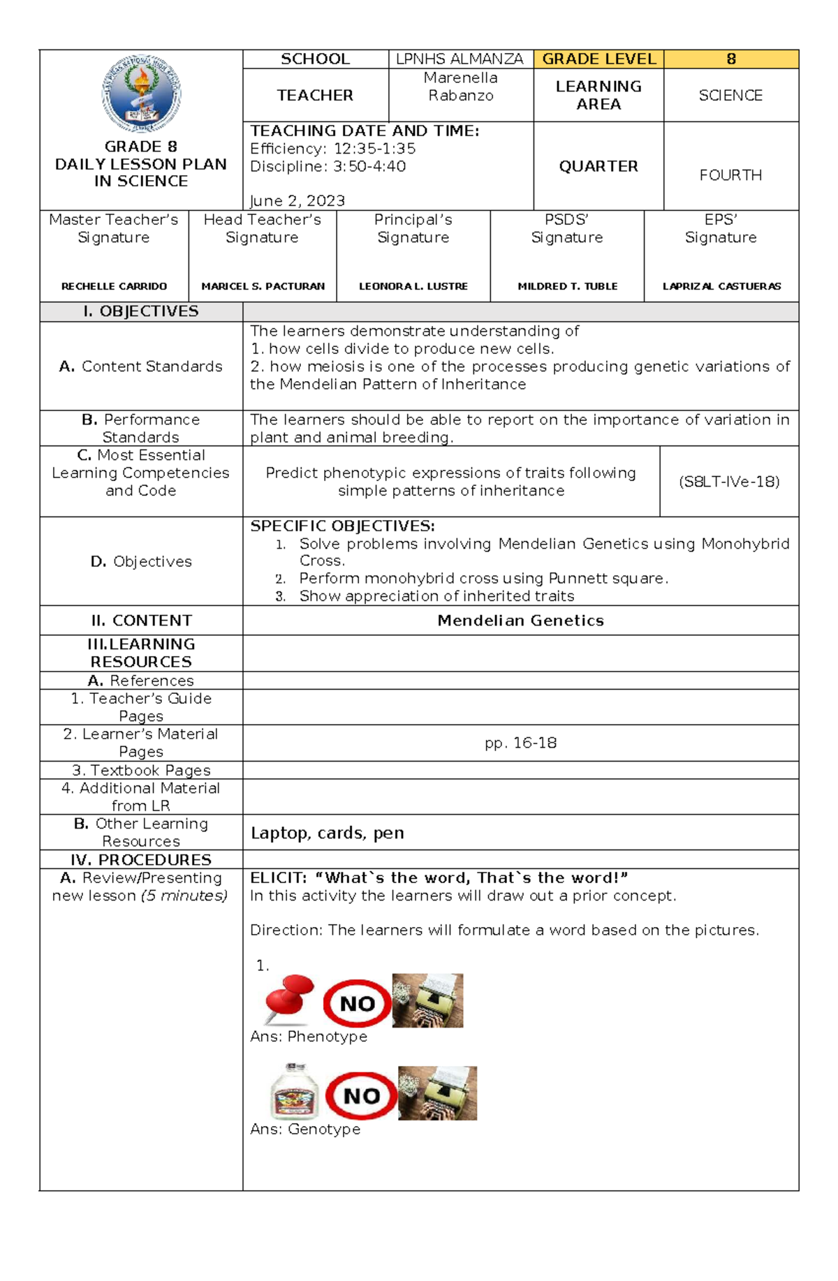 DLL CO1-S8: Grade 8 Daily Lesson Plan in Science on Mendelian Genetics ...