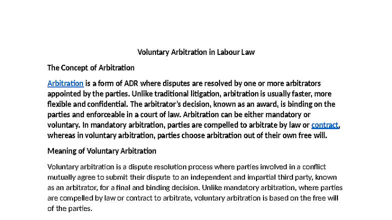Labour Law Unit 2: Voluntary Arbitration Overview and Evolution - Studocu