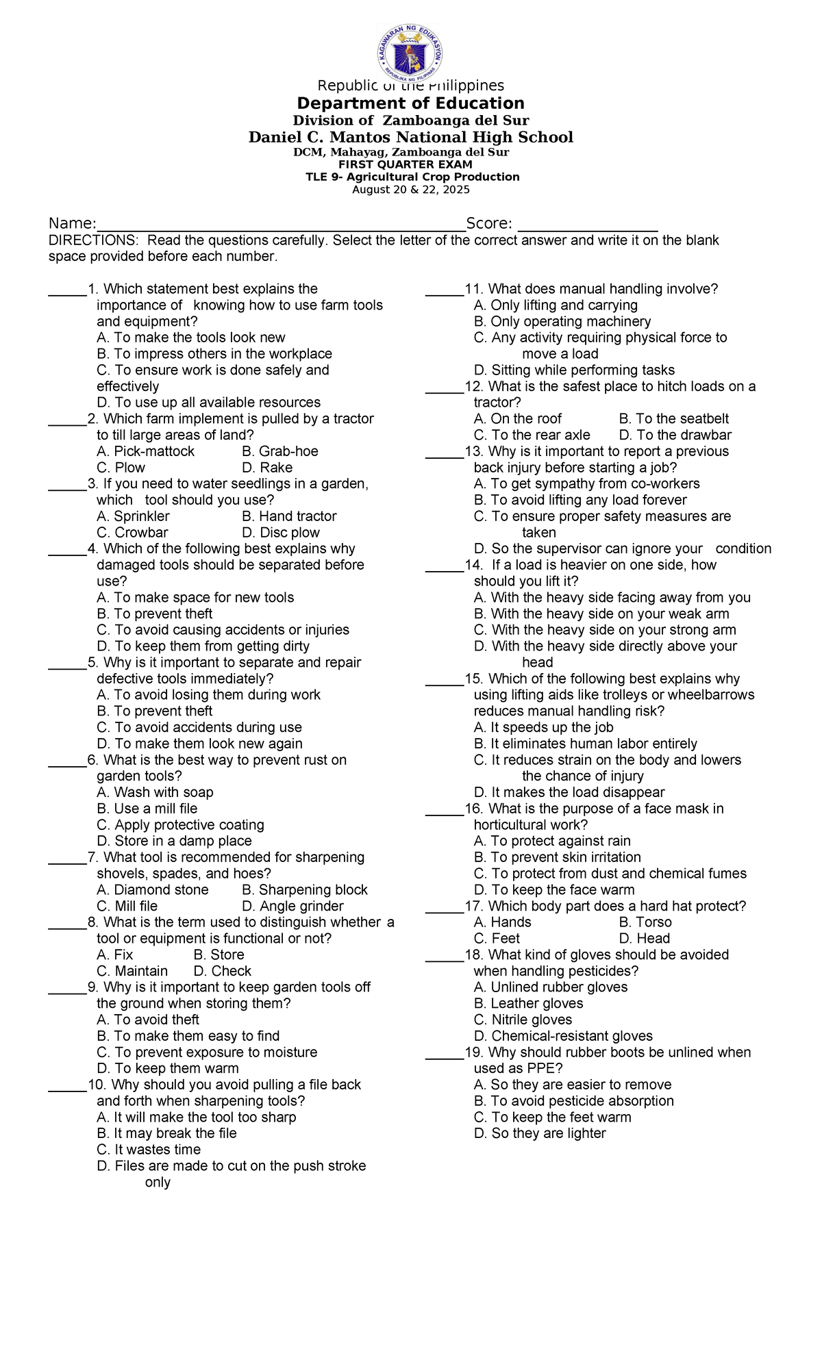 TQq1 GR9Agri - First Quarter Exam Study Notes on Agricultural Crop ...
