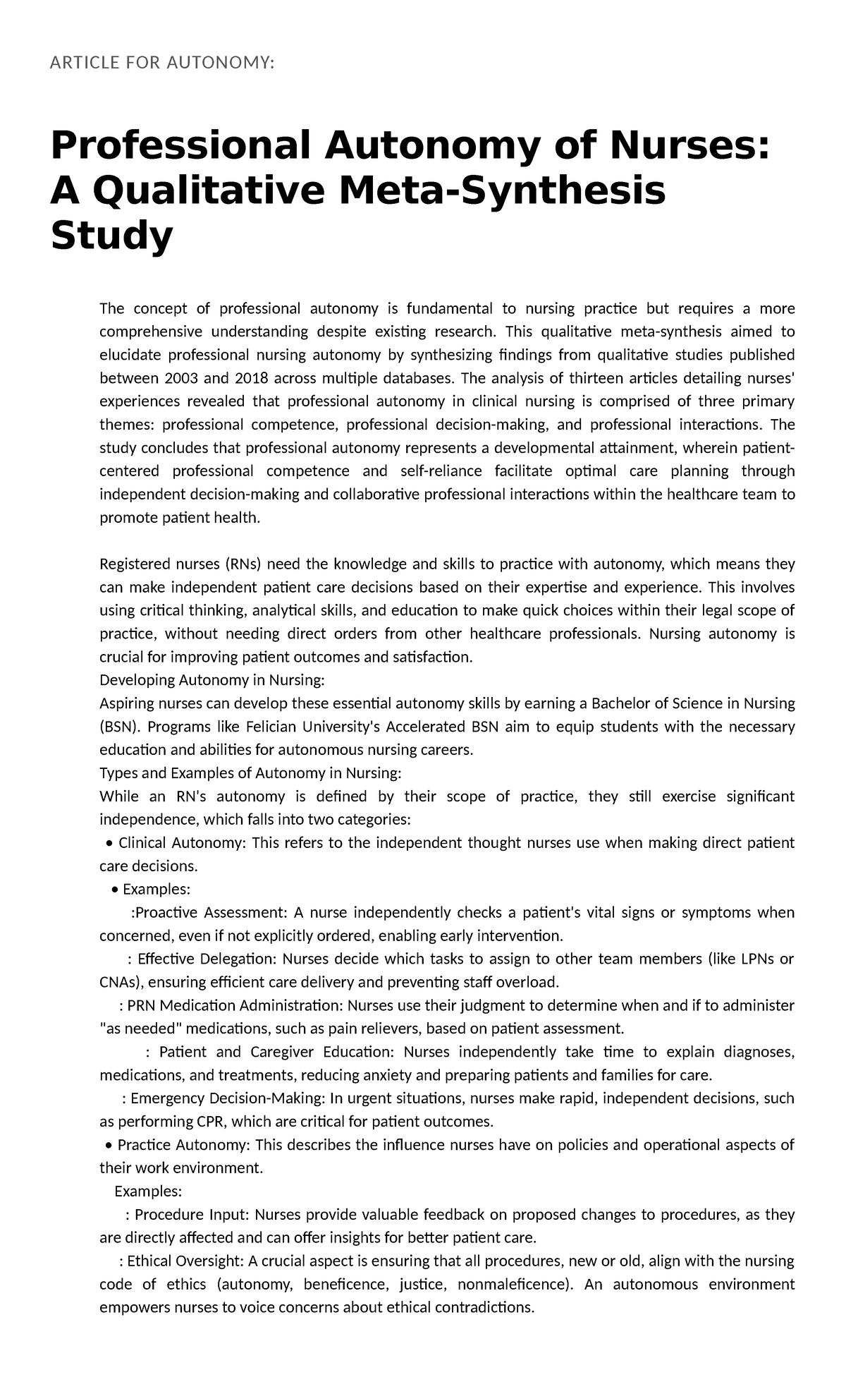 Professional Autonomy in Nursing: A Qualitative Study Analysis - Studocu