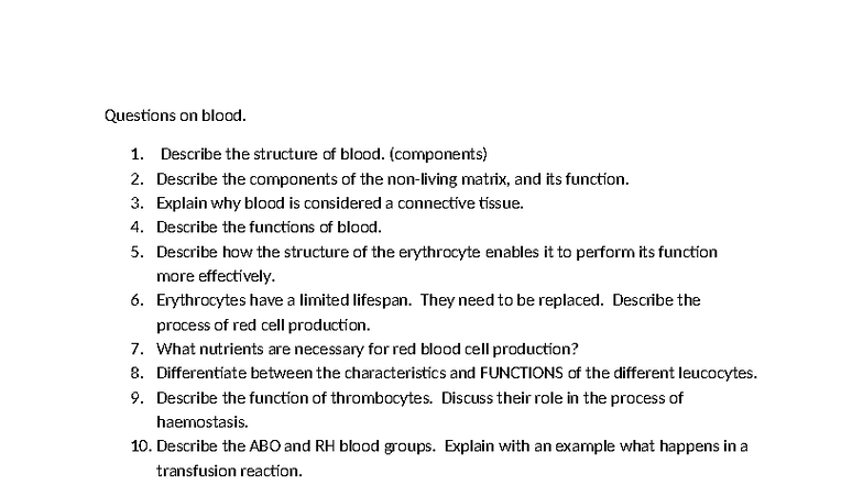 Questions on Blood - Health Science (HS 101) Study Guide - Studocu