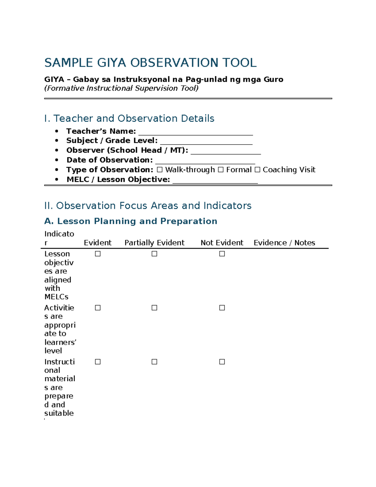 SAMPLE GIYA OBSERVATION TOOL: Formative Instructional Supervision Guide ...