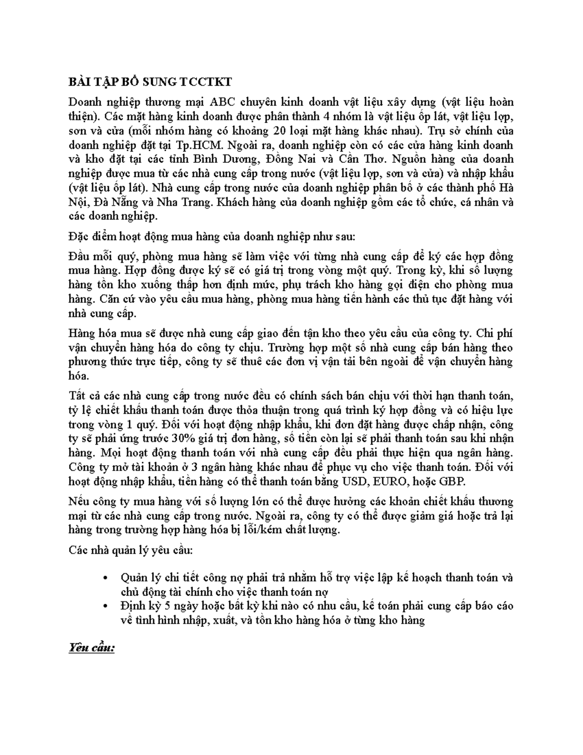 BÀI TẬP BỔ SUNG TCCTKT: Thông tin và Quản lý Doanh Nghiệp Thương Mại - Studocu