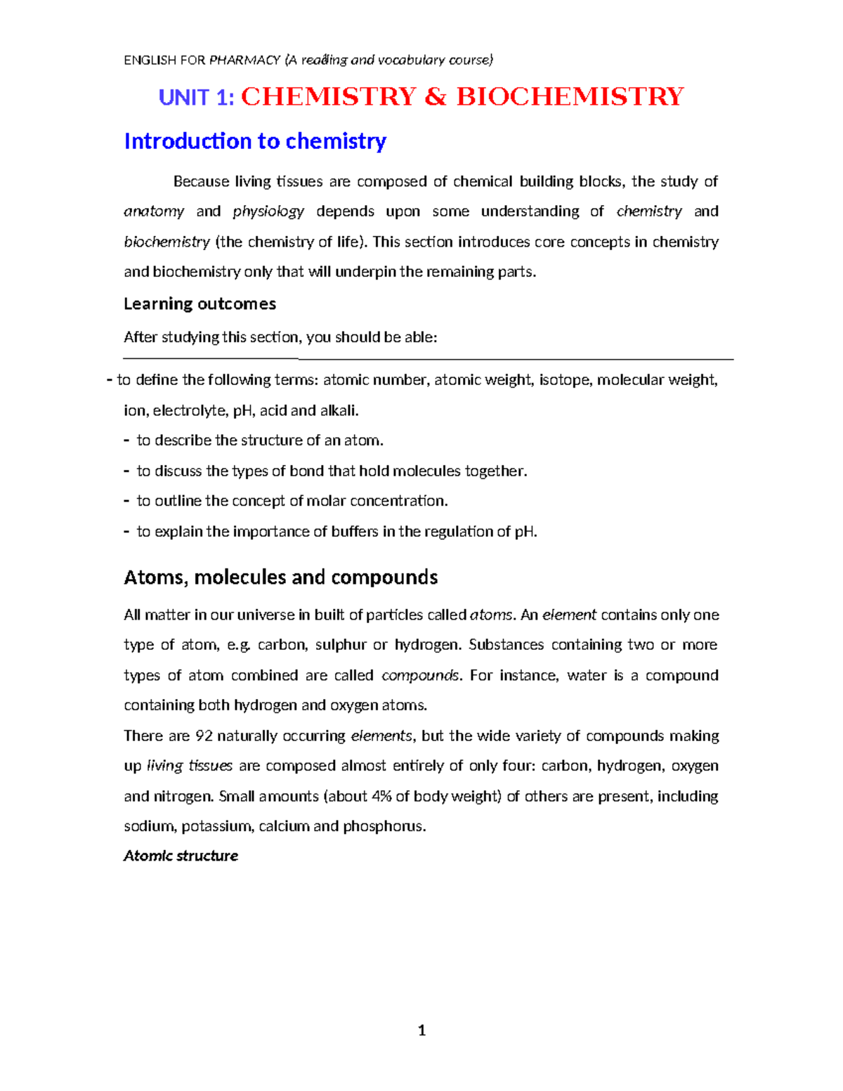 Chemistry AND Biochemistry - ENGLISH FOR PHARMACY (A reading and ...